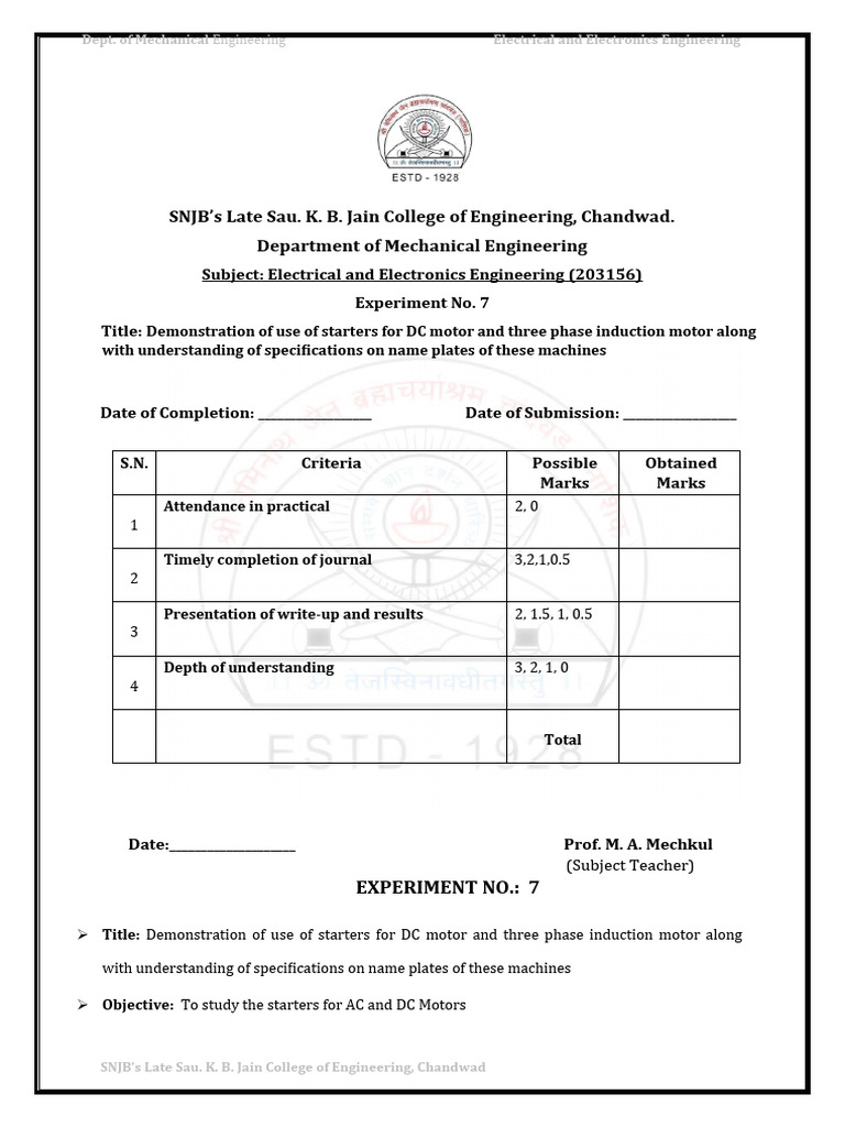 Expt No 7 Eee | PDF | Electric Motor | Inductor