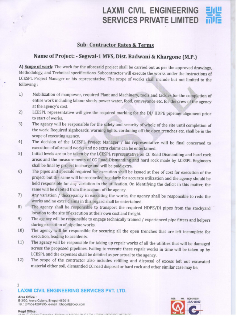 Pipe Laying Work Approved Rate List Segwal 1 MVS PDF
