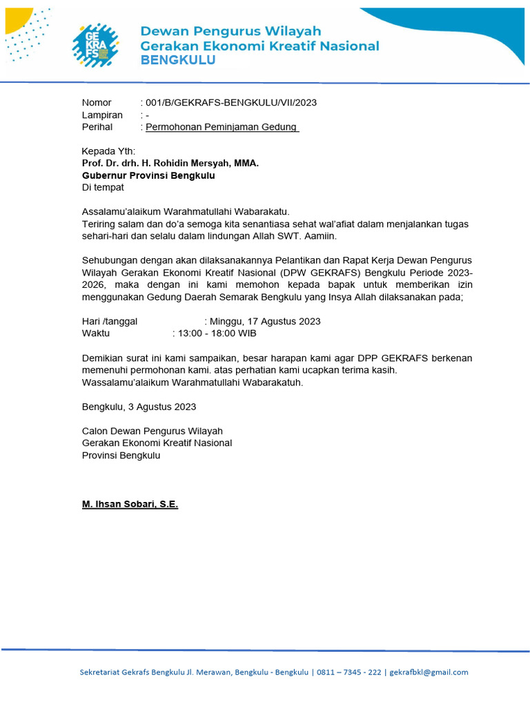 001 - Surat Permohonan - Penggunaan BALAI RAYA SEMARAK BENGKULU | PDF