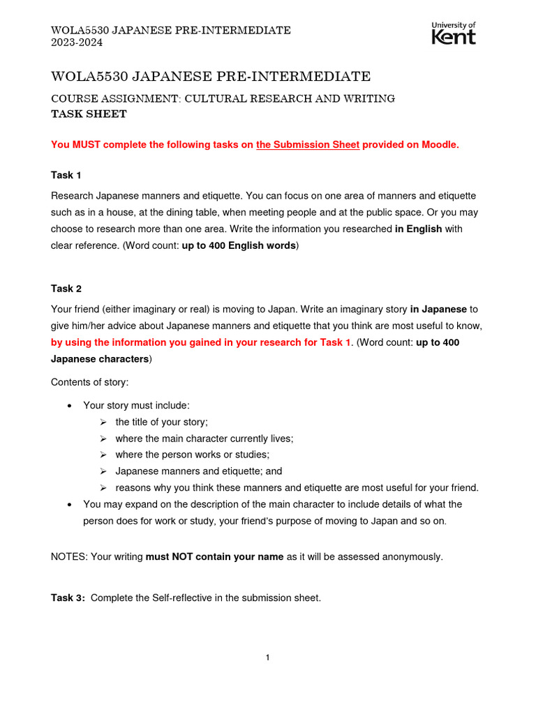 WOLA5530 2023-24 CW Assignment Task Instruction Sheet | PDF | Citation | Japanese Language