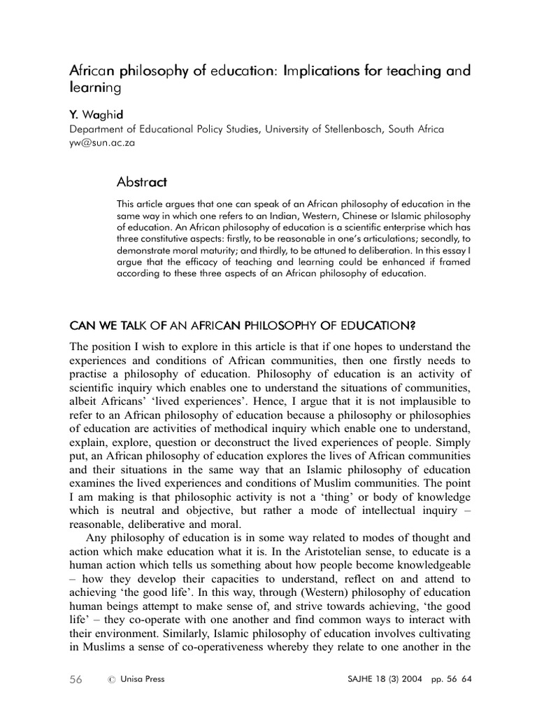 Waghid 2004 African Philosophy of Education Implications For Teaching ...