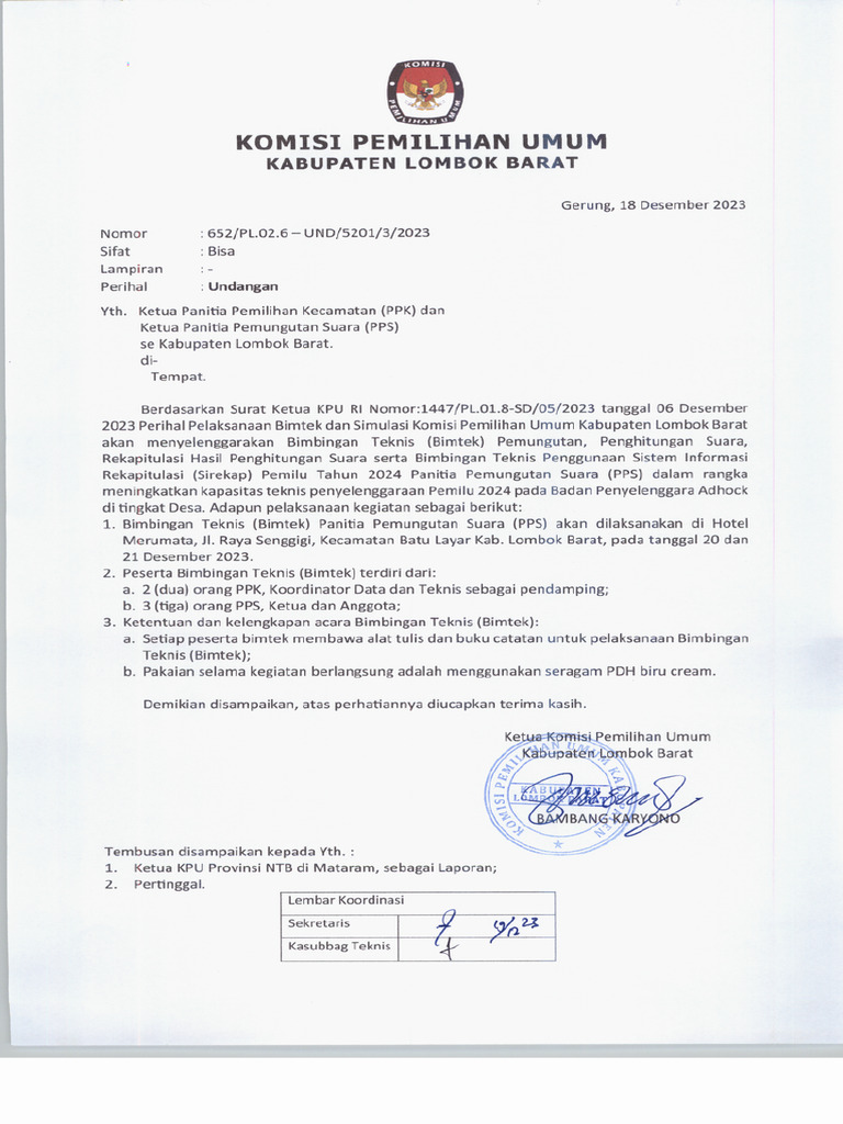 Undangan Bimtek Tungsura KPU Lobar 2023 | PDF