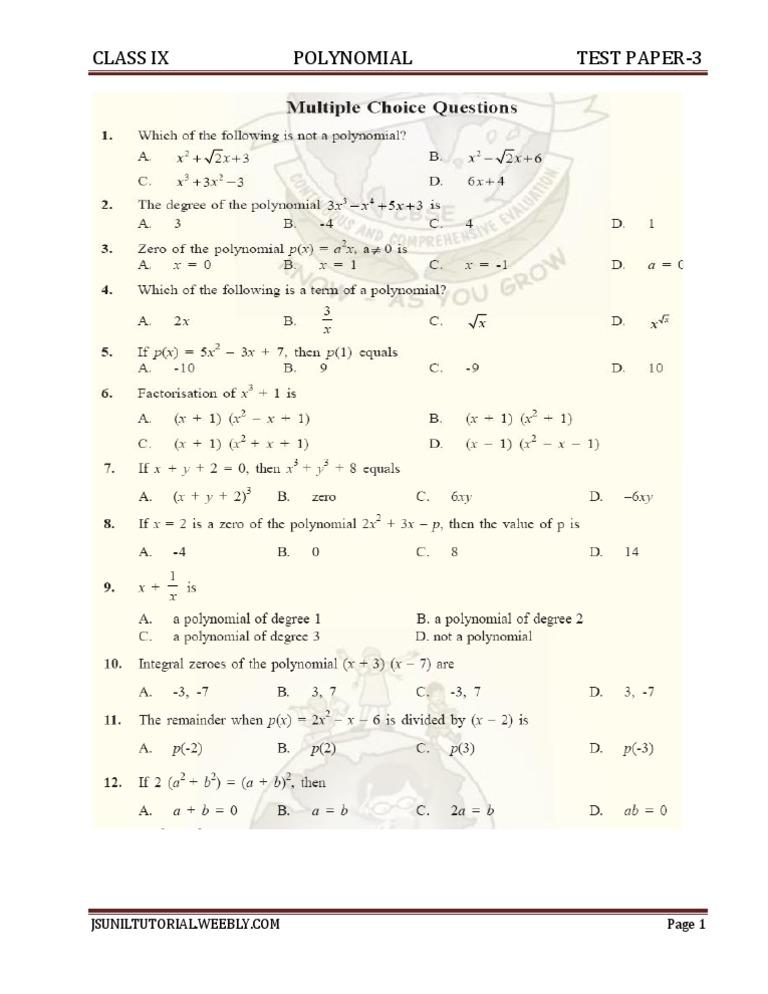 9th Polynomial Test Paper-3 | PDF