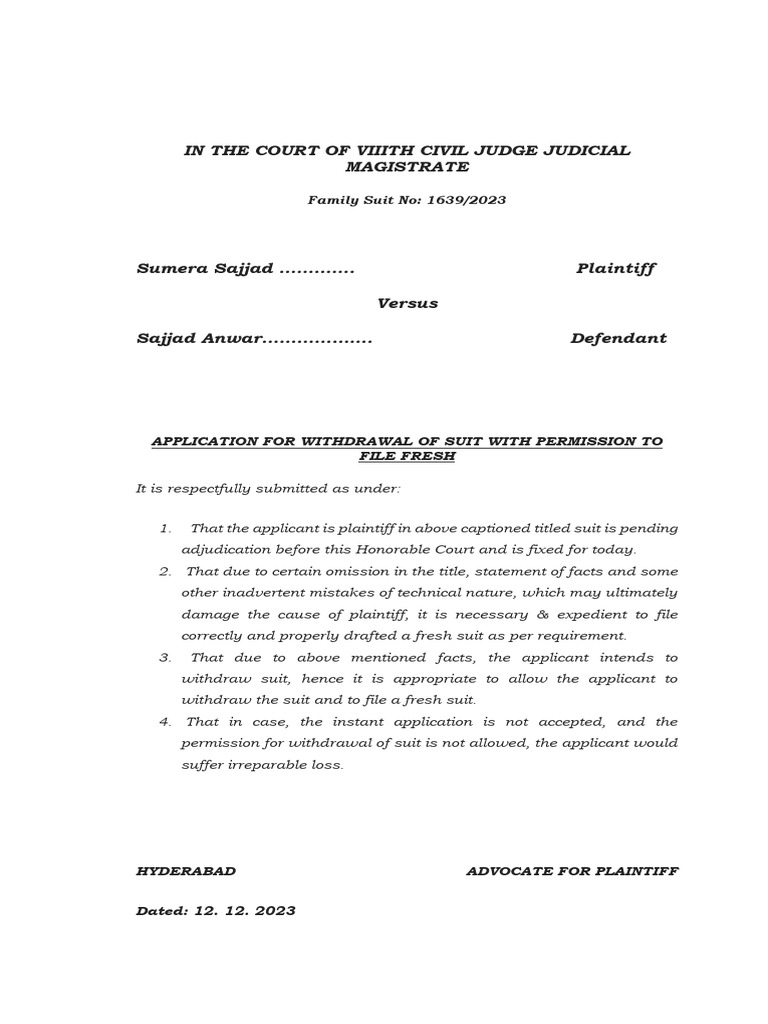Application for Withdrawal of Suit | PDF | Lawsuit | Affidavit