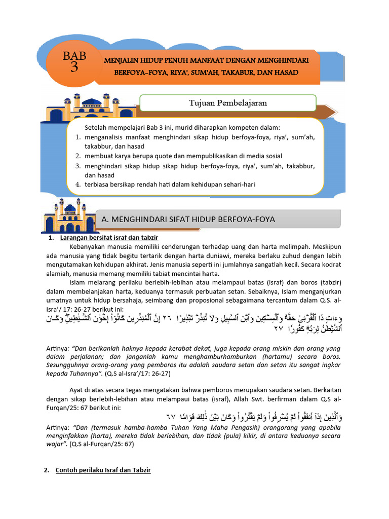 Modul - Bab 3 - Menjalin Hidup Penuh Manfaat Dengan Menghindari Berfoya-Foya, Riya', Sum'ah ...