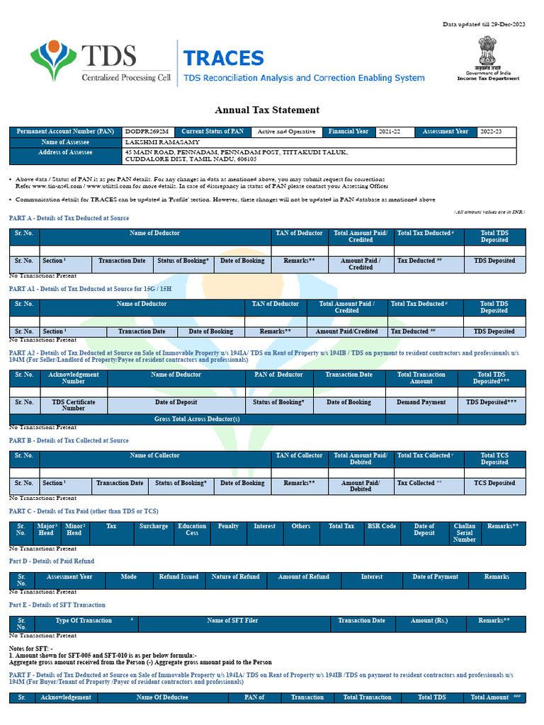 Annual Tax Statement: (All Amount Values Are in INR) | PDF | Taxes ...