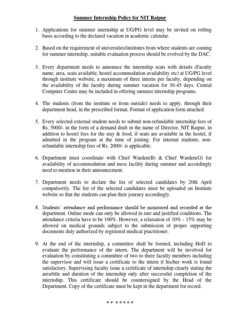 NITRR Internship Policy Wef 2023 | PDF