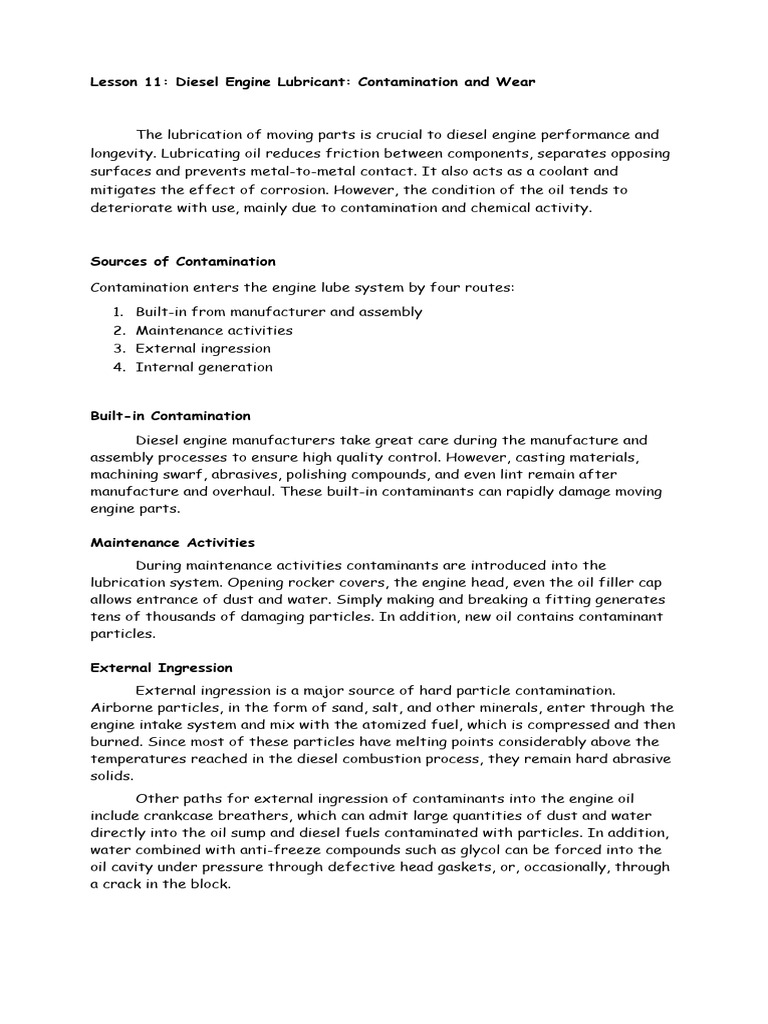 Lesson 11 Diesel Engine Lubricant Contamination and Wear | PDF | Wear ...