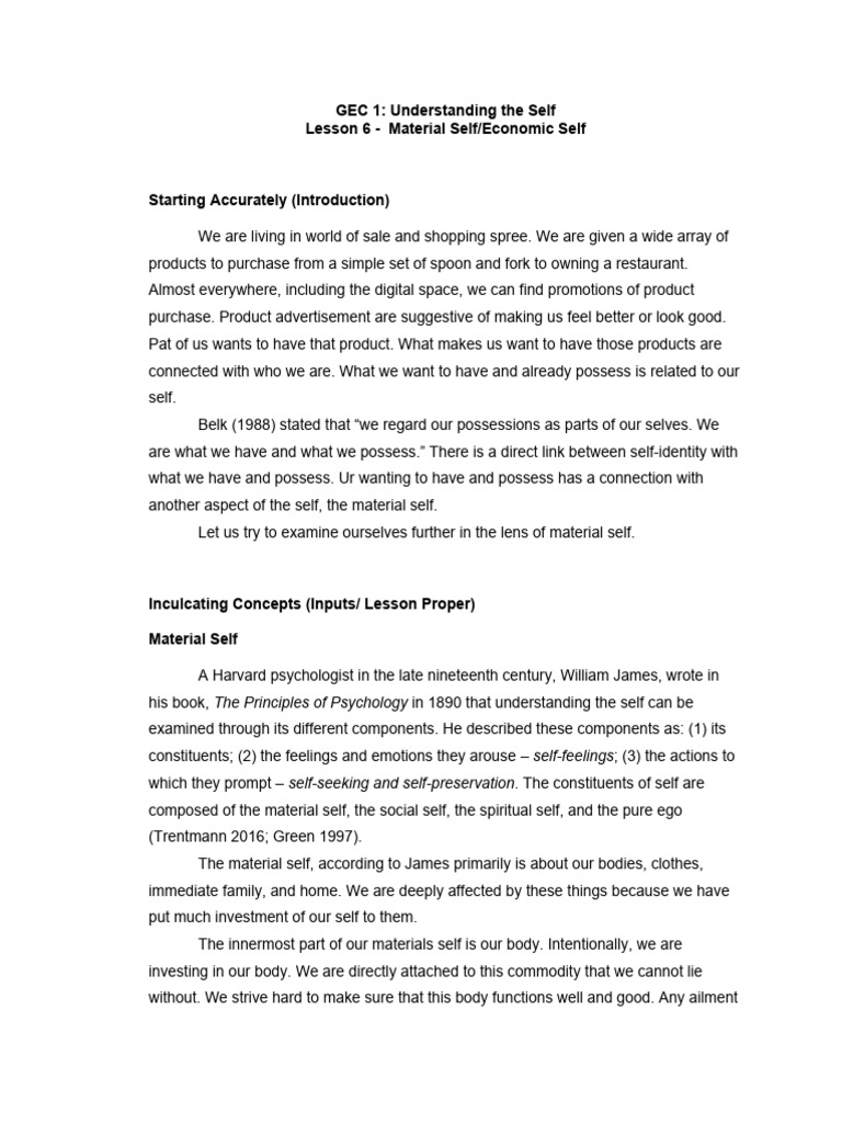 Lesson 6 Material Self | PDF | Self | Self Concept