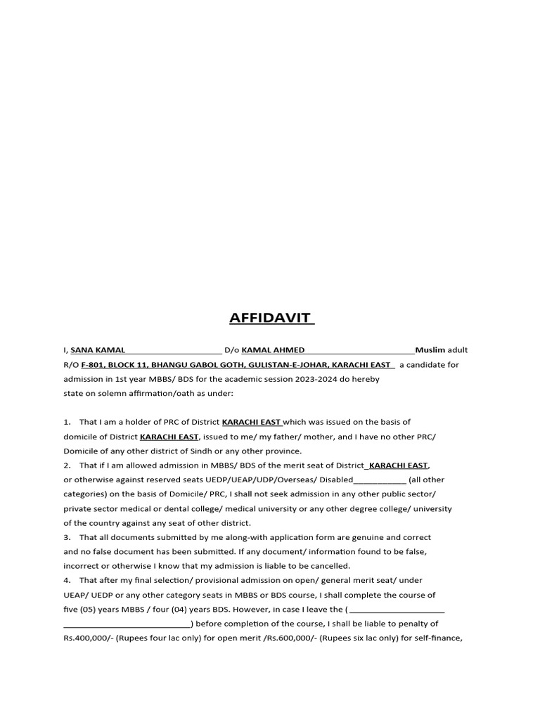 Dow Admission Affidavit Filled | PDF | Career & Growth