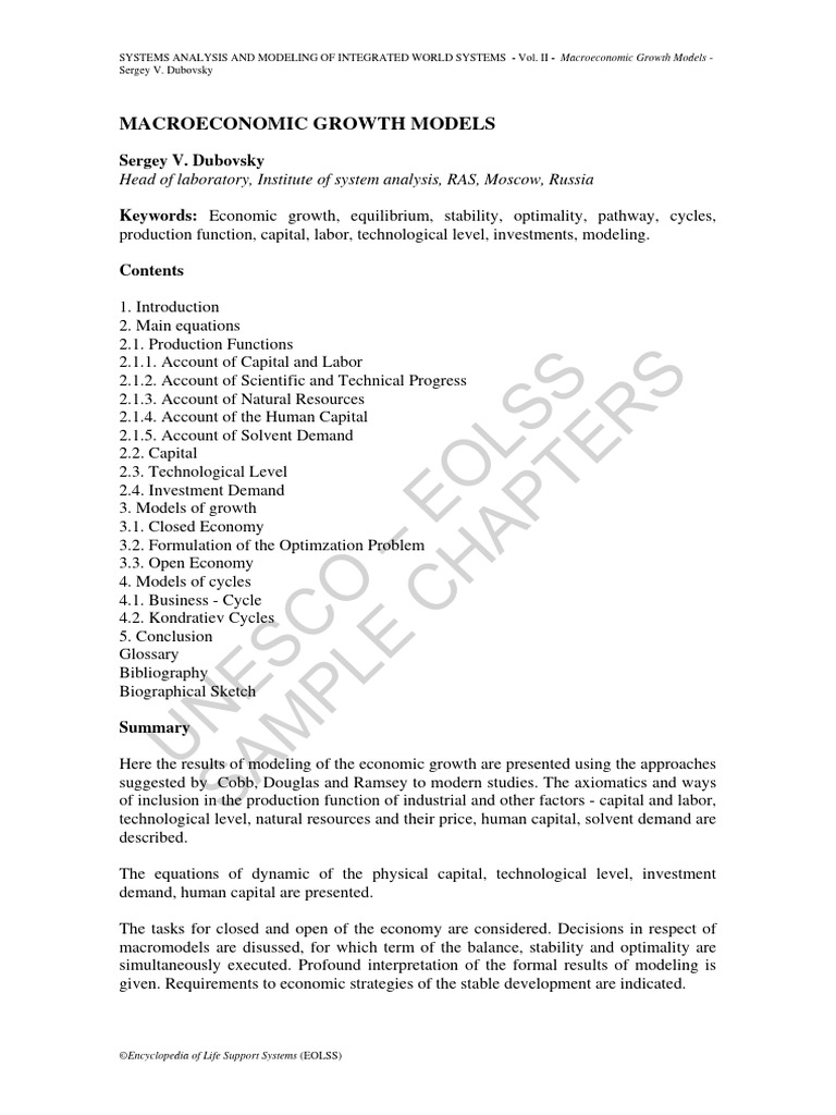 Unesco - Eolss Sample Chapters: Macroeconomic Growth Models | PDF | Finance & Money Management