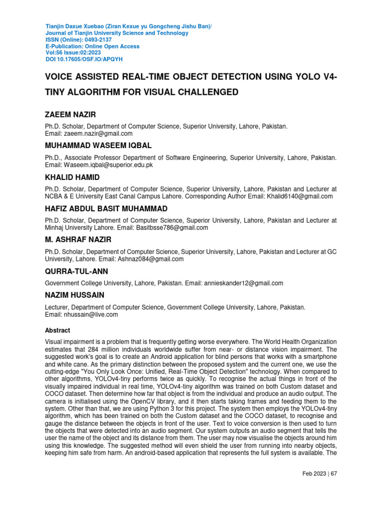 2023 Voice Assisted Real-Time Object Detection | PDF | Smartphone | Visual Impairment