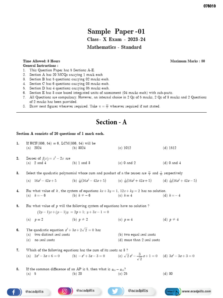 CBSE Sample Paper 01 | PDF | Area | Mathematics