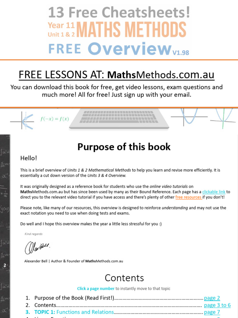 Free Maths Methods Cheatsheets Year 11 Unit 1 2 | PDF