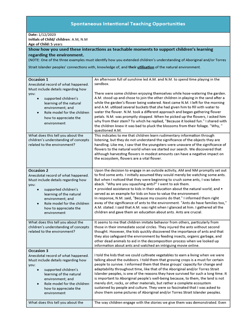 CHCECE037 Student Assessment-Spontaneous Intentional Teaching ...