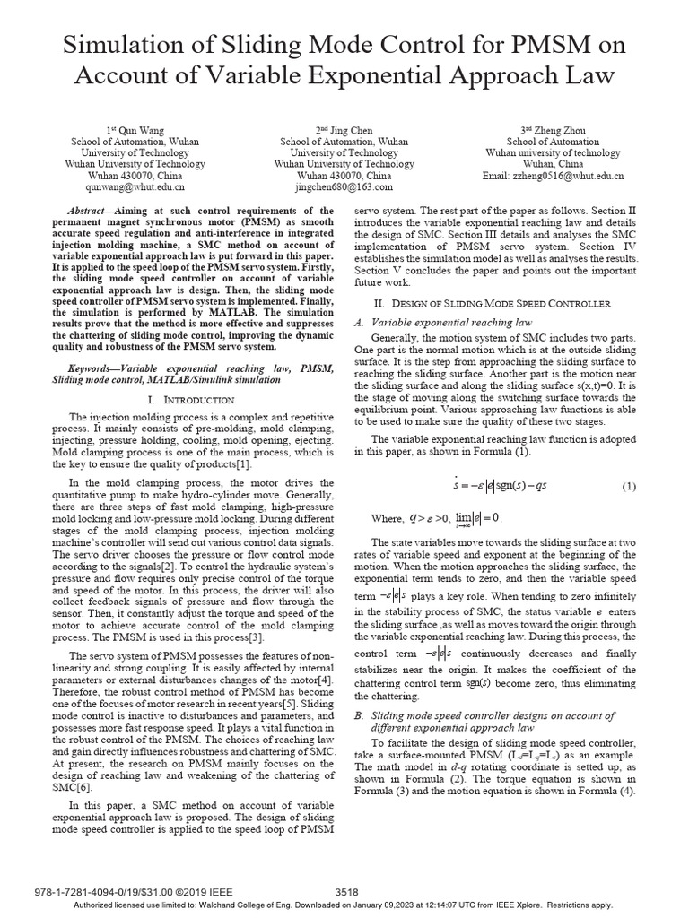 Simulation Of Sliding Mode Control For Pmsm On Account Of Variable Exponential Approach Law