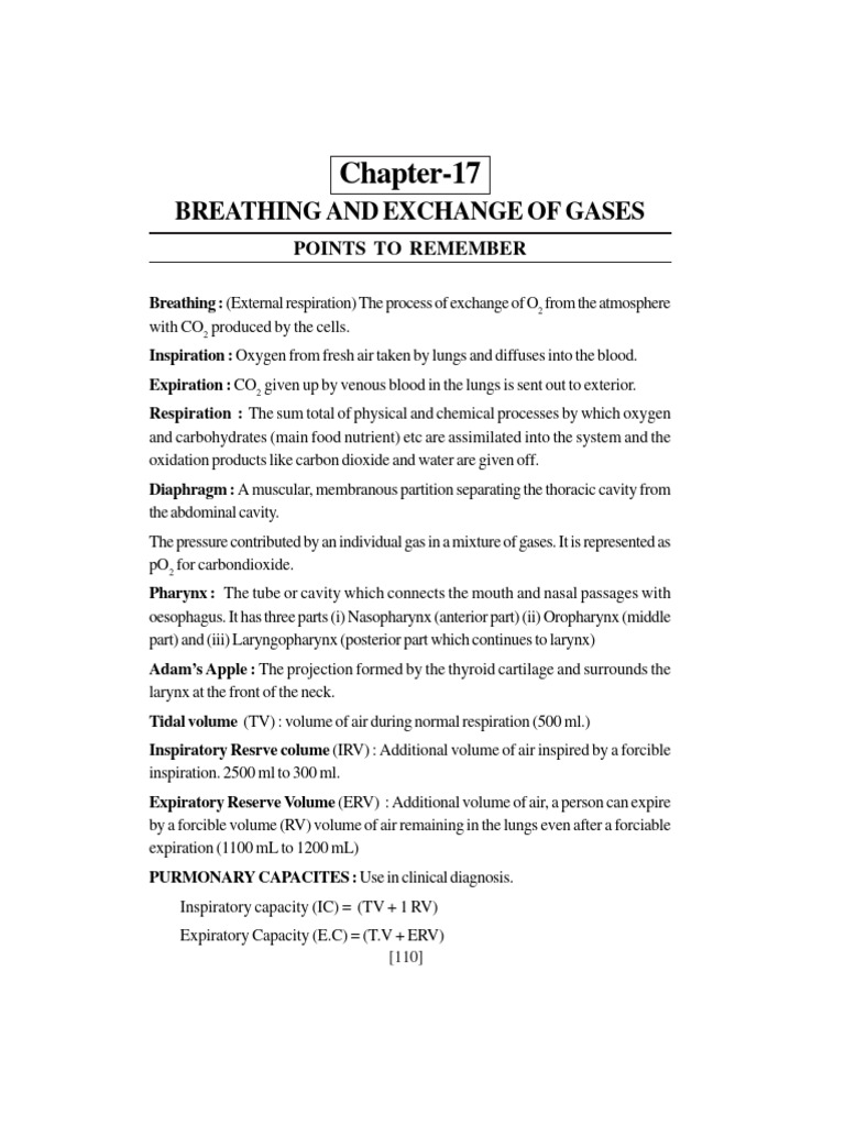 Class11 Biology Chapter 17. BREATHING AND EXCHANGE OF GASES | PDF