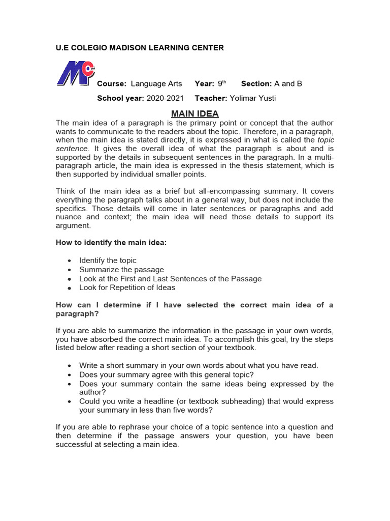 9th ELA 2nd Week Main Idea | PDF | Sleep | Senses