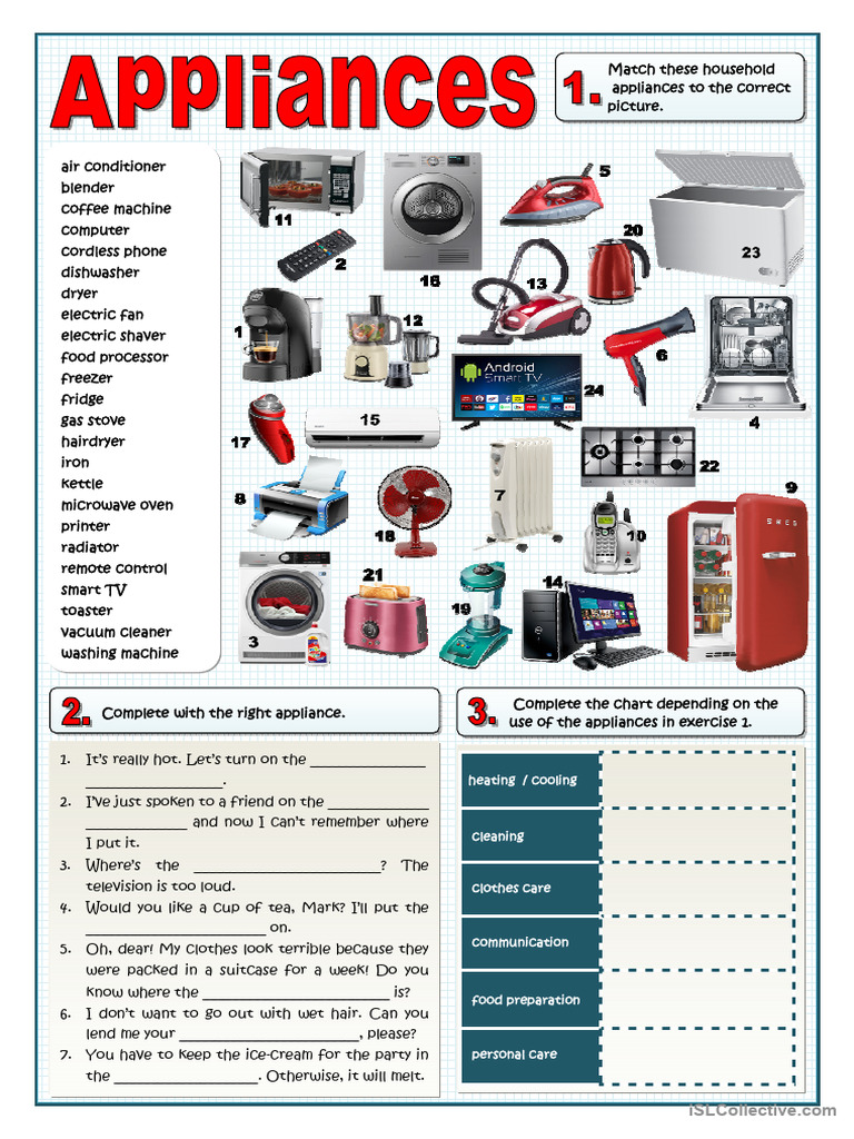 Household Appliances Matching Exercise | PDF