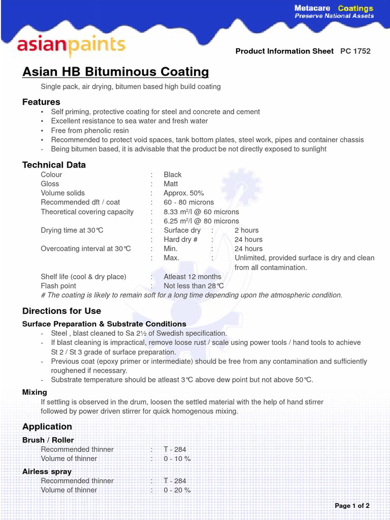 Asian HB Bituminous Coating | PDF | Paint | Applied And ...