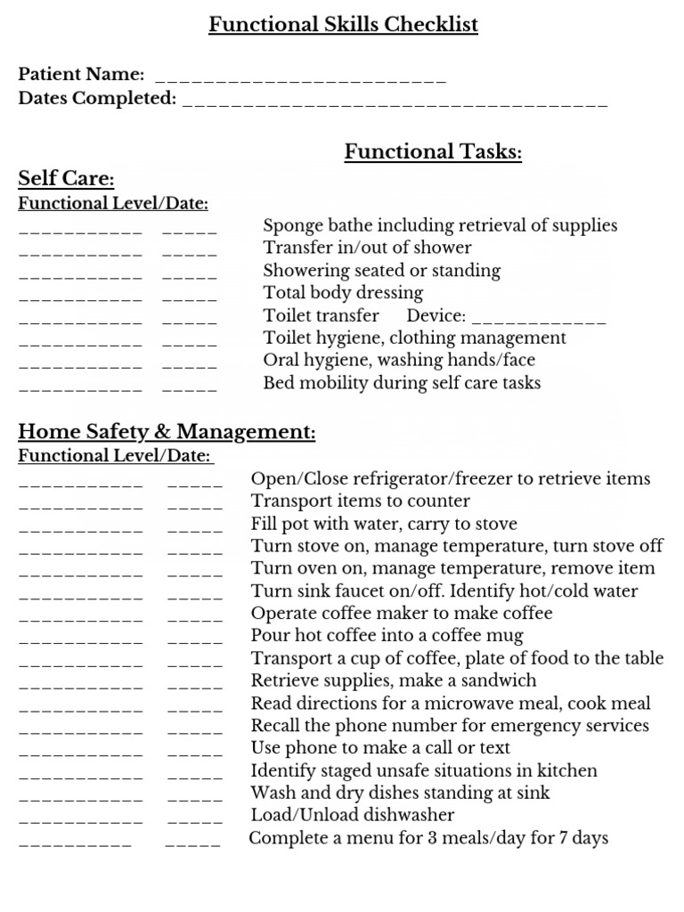 Functional Skills Checklist For Patients Going Home 1684662976 | PDF ...