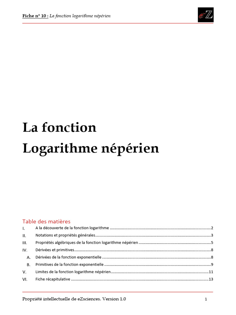 Fiche Math La Fonction Logarithme Népérien | PDF
