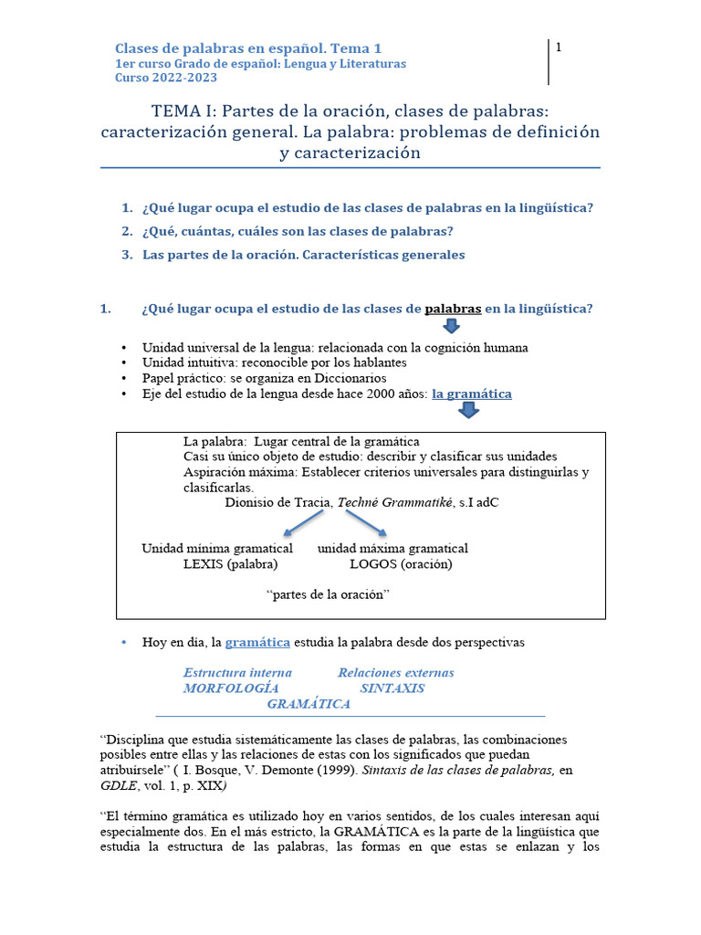TEMA 1. Partes de La Oración | PDF | Gramática | Adjetivo