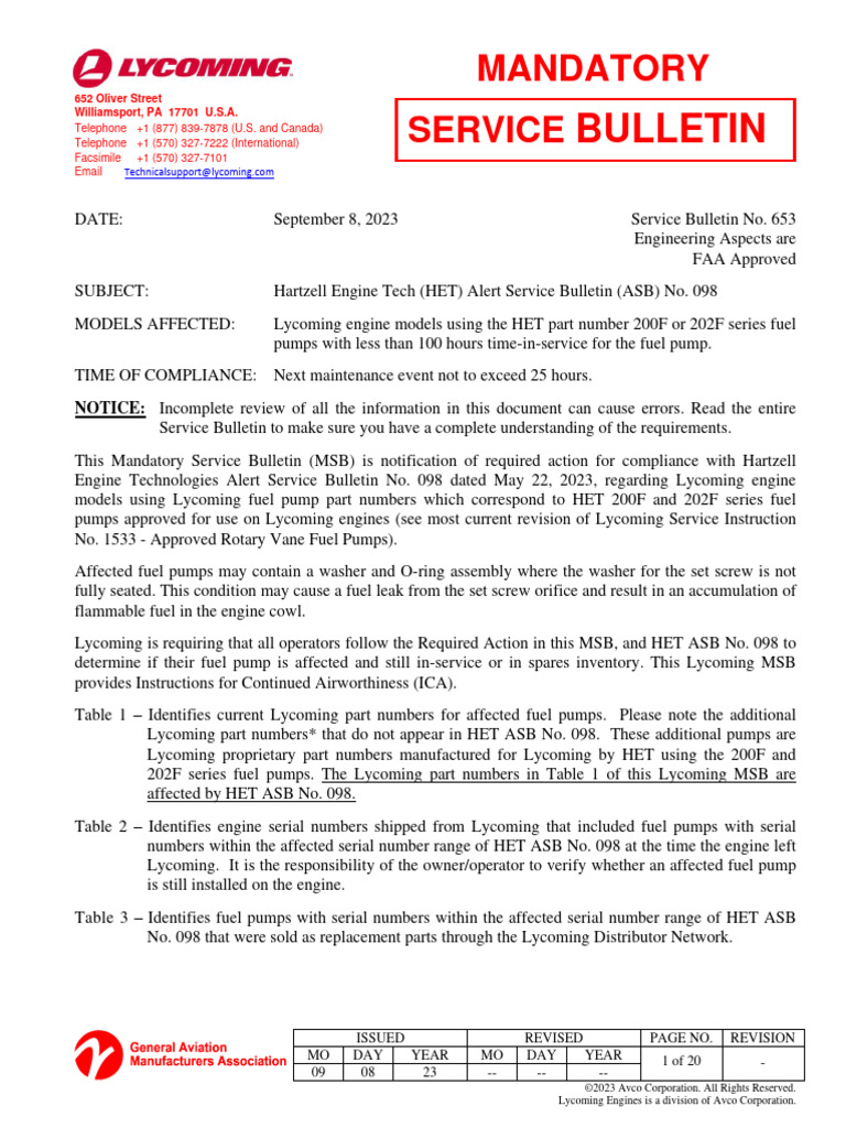SB653 HET Service Bulletin ASB 098 Fuel Pump | PDF