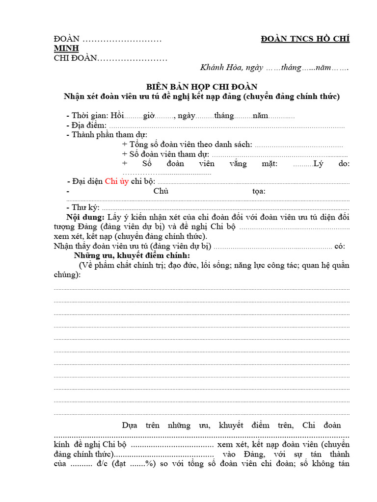 Mau Bien Ban Hop Chi Doan lop-BCH Doan Khoa-Vien Xet Ket Nap Dang Vien Sinh Vien | PDF