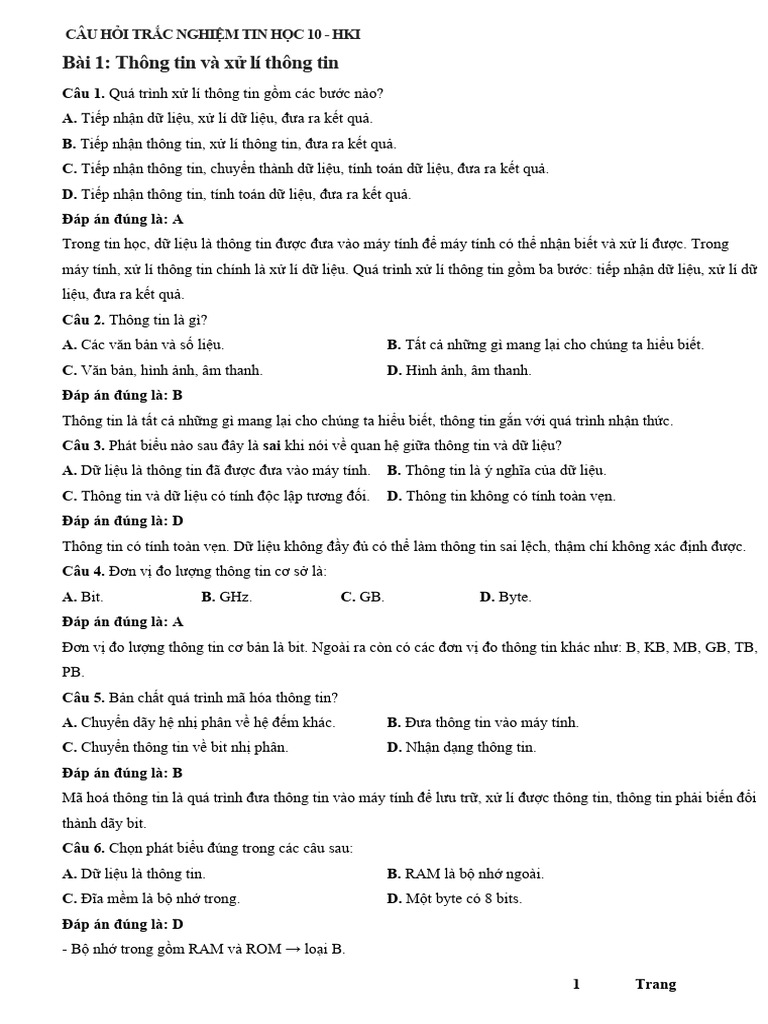 124 CÂU HỎI TÀI LIỆU ÔN TIN 10 HK1 (ĐÁP ÁN) VIETJACK | PDF
