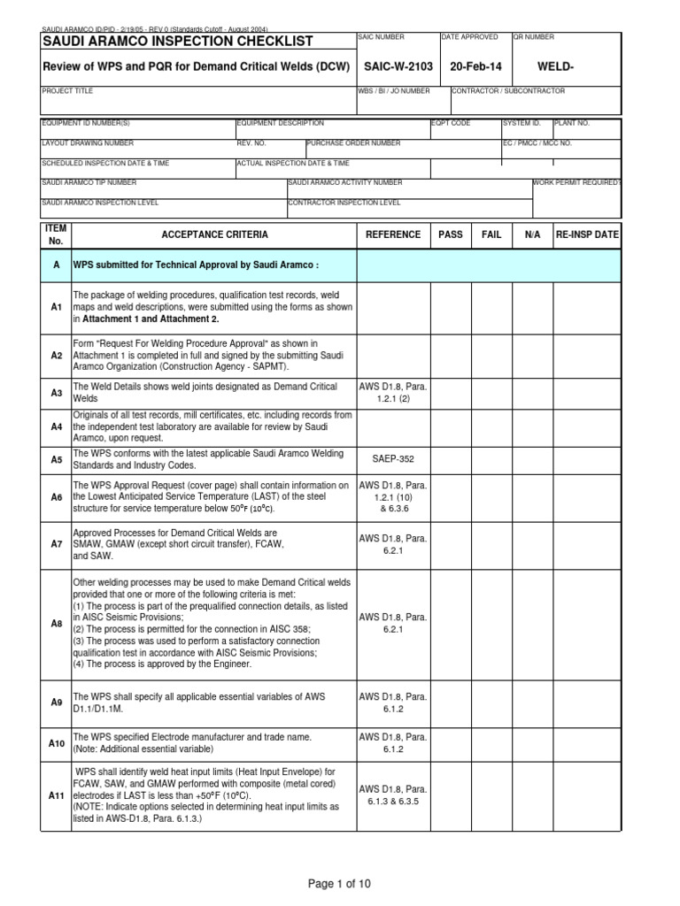 SAIC-W-2103 Review of WPS (DCW) | PDF | Welding | Construction