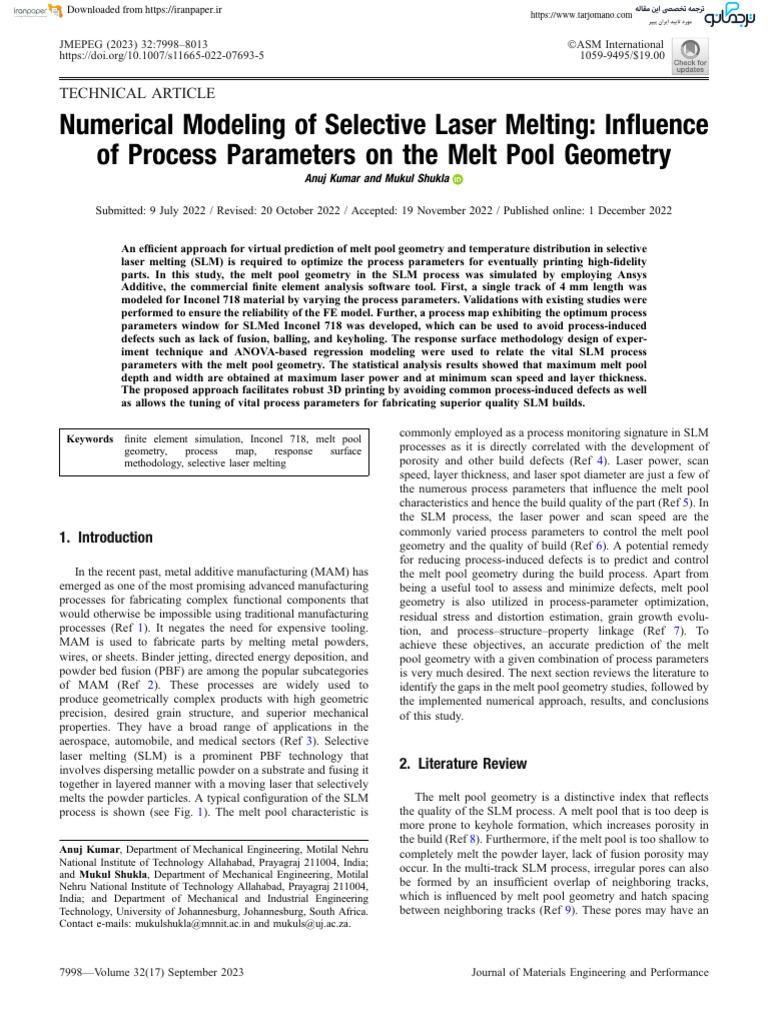 Numerical Modeling of Selective Laser Melting: Influence of Process Parameters On The Melt Pool ...