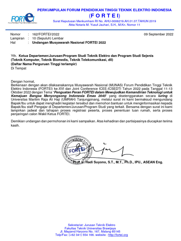 162 Undangan Musyawarah Nasional FORTEI 2022 - Institusi (Final) | PDF