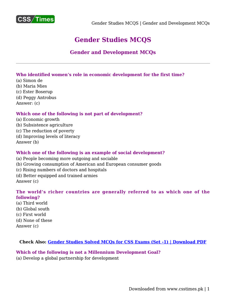 Gender Studies MCQS - Gender and Development MCQs | PDF | Society ...
