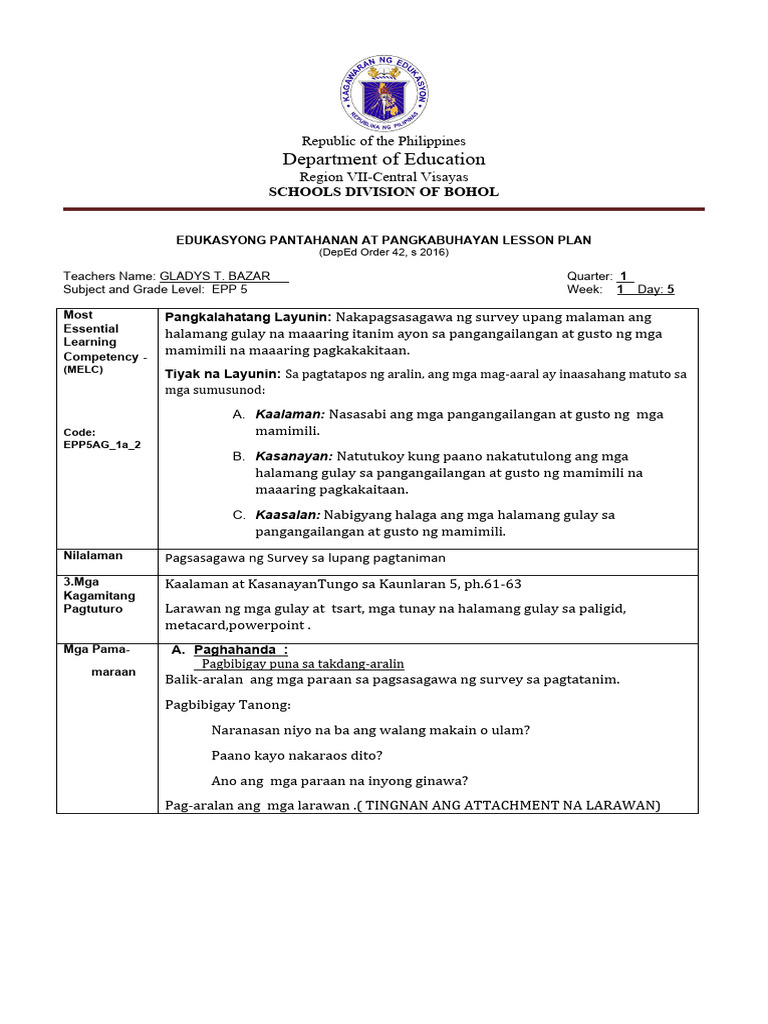 Protype Lesson Plan EPP5 QI AG Week 1day 5 | PDF