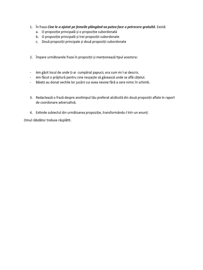 Sintaxa Frazei. 4 Exercitii | PDF