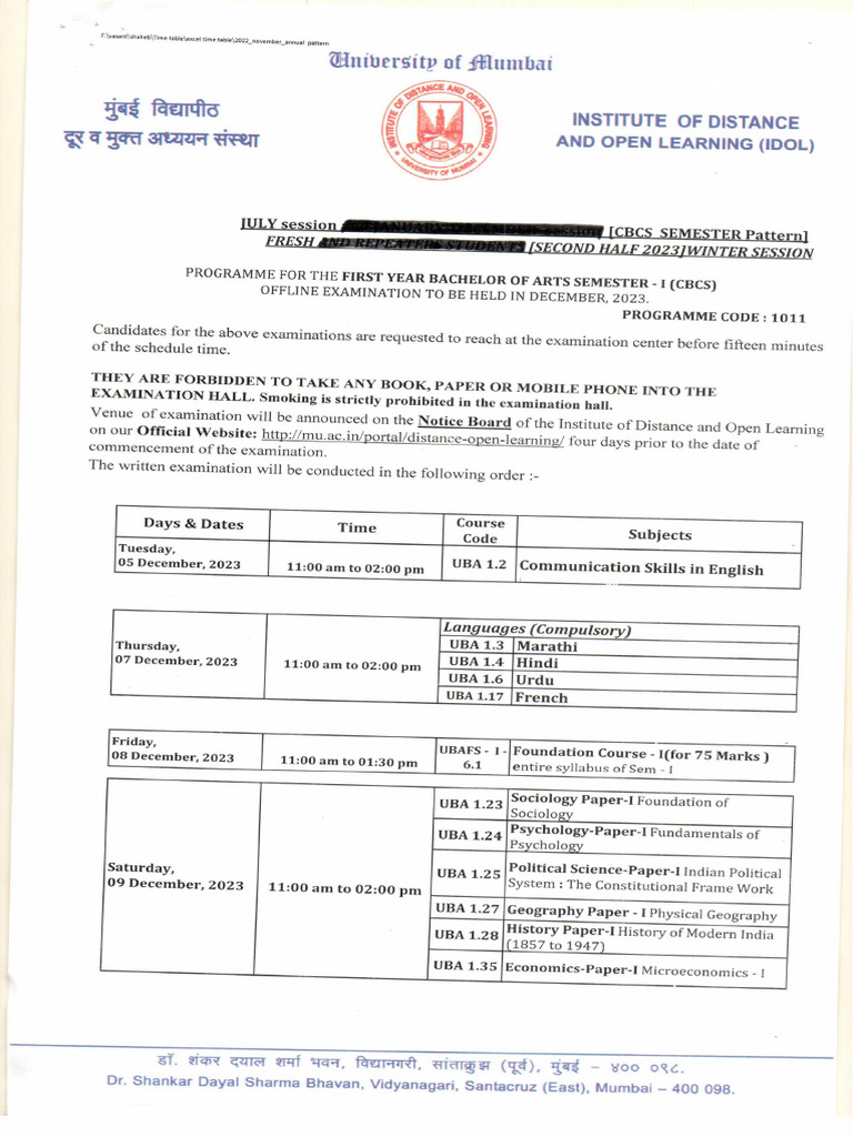 F.Y.B.A Sem I December 2023 Time Table | PDF