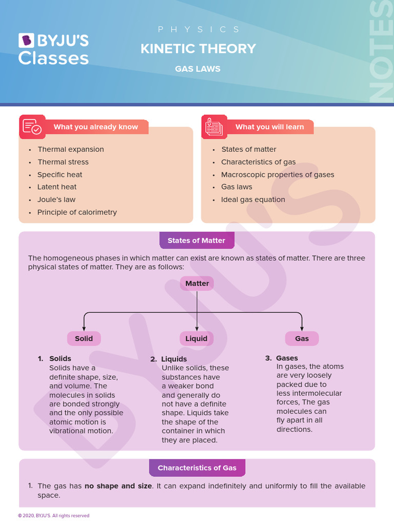Class 11 Physics Kinetic Theory of Gases Notes | PDF | Gases | Liquids