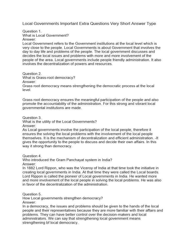 Local Government: Key Concepts & Questions | PDF