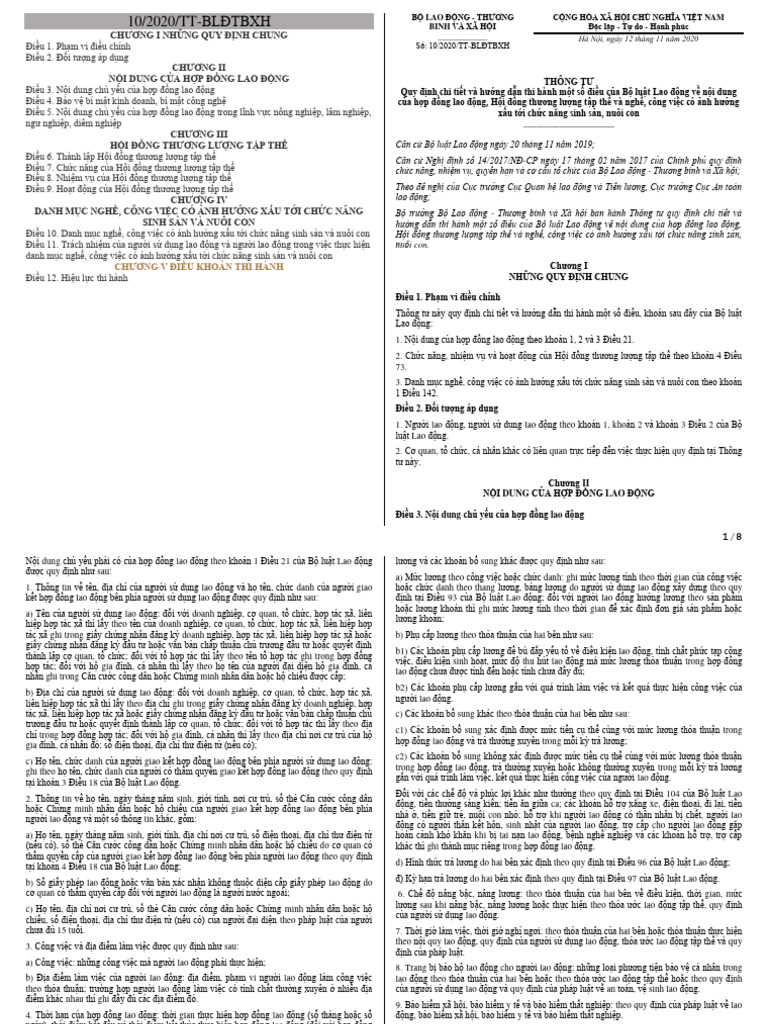 Thong Tu 10 2020 Noi Dung HDLD Cong Viec Anh Huong Xau Toi Sinh San | PDF