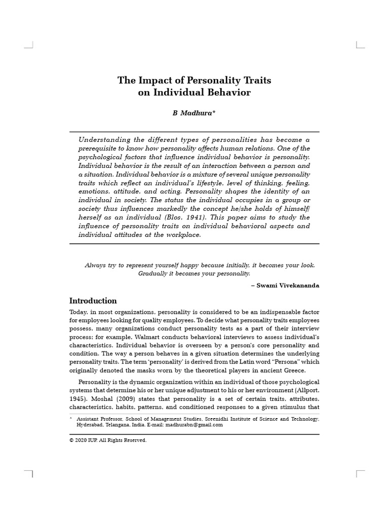 The Impact of Personality Traits On Individual Behavior: B Madhura ...