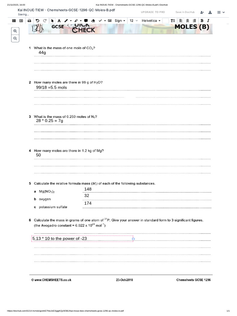 Kai INOUE-TIEW - Chemsheets-GCSE-1296-QC-Moles-B.pdf - DocHub | PDF