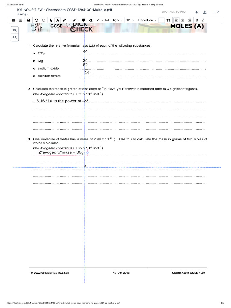 Kai INOUE-TIEW - Chemsheets-GCSE-1294-QC-Moles-A.pdf - DocHub | PDF