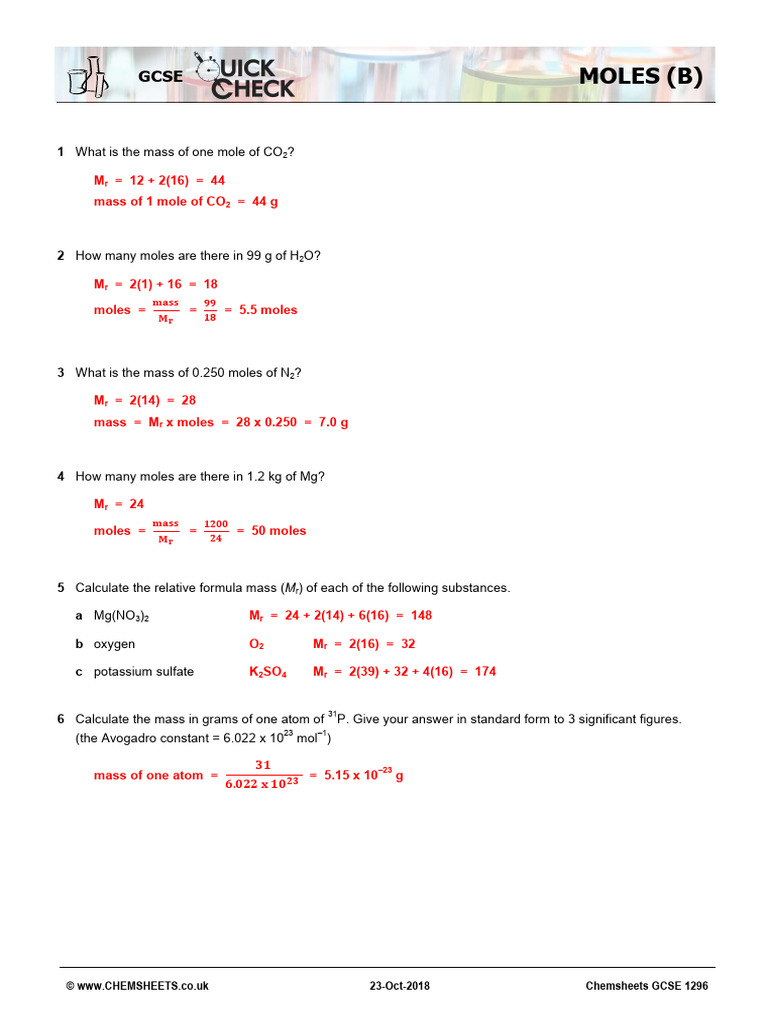 Microsoft Word - Chemsheets GCSE 1296 (QC - Moles B) ANS | PDF