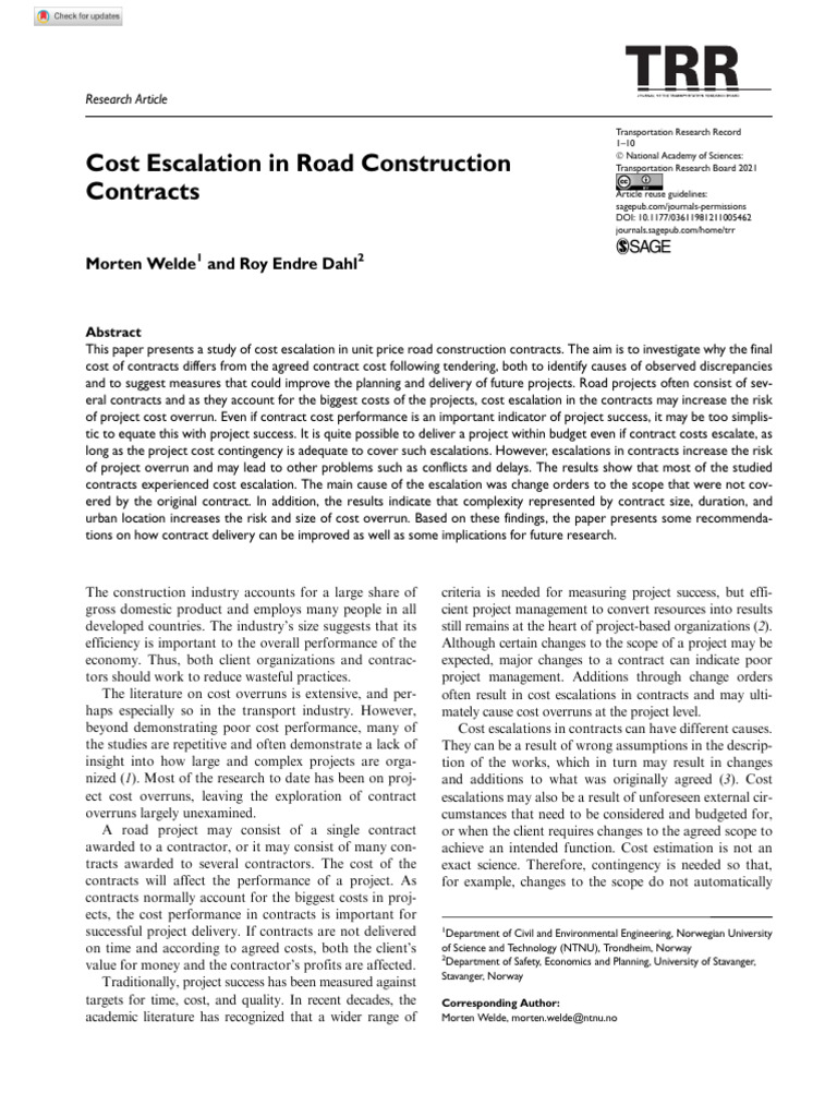 Cost Escalation in Road Construction Contracts | PDF