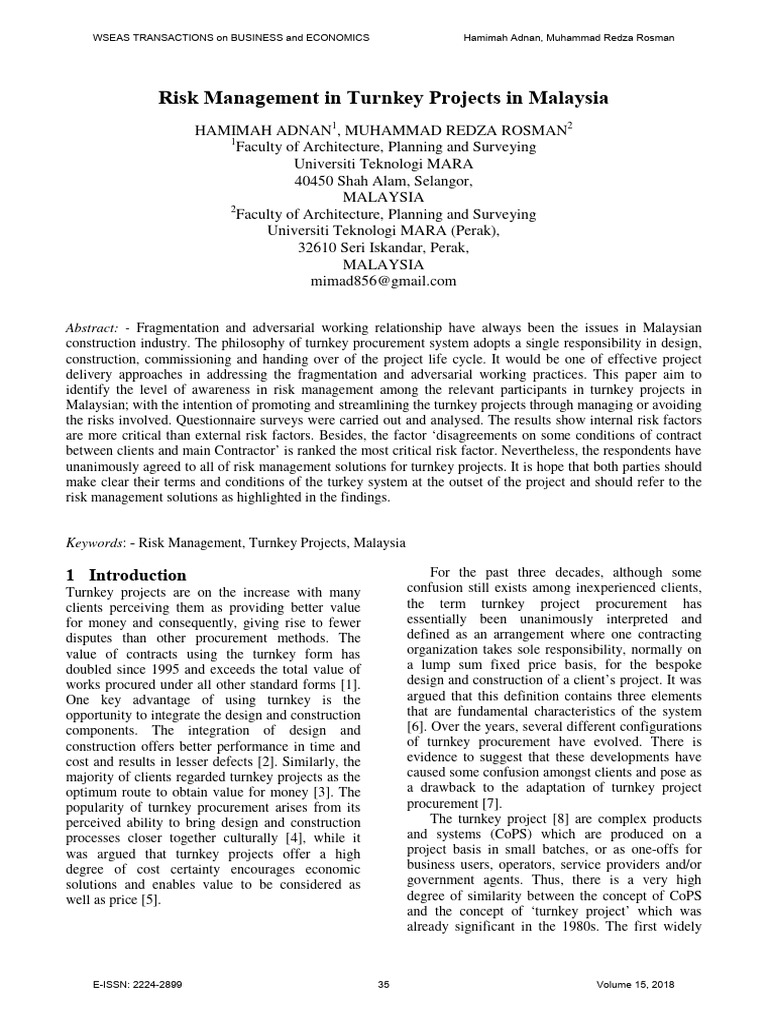 Risk Management in Turnkey Projects in M | PDF