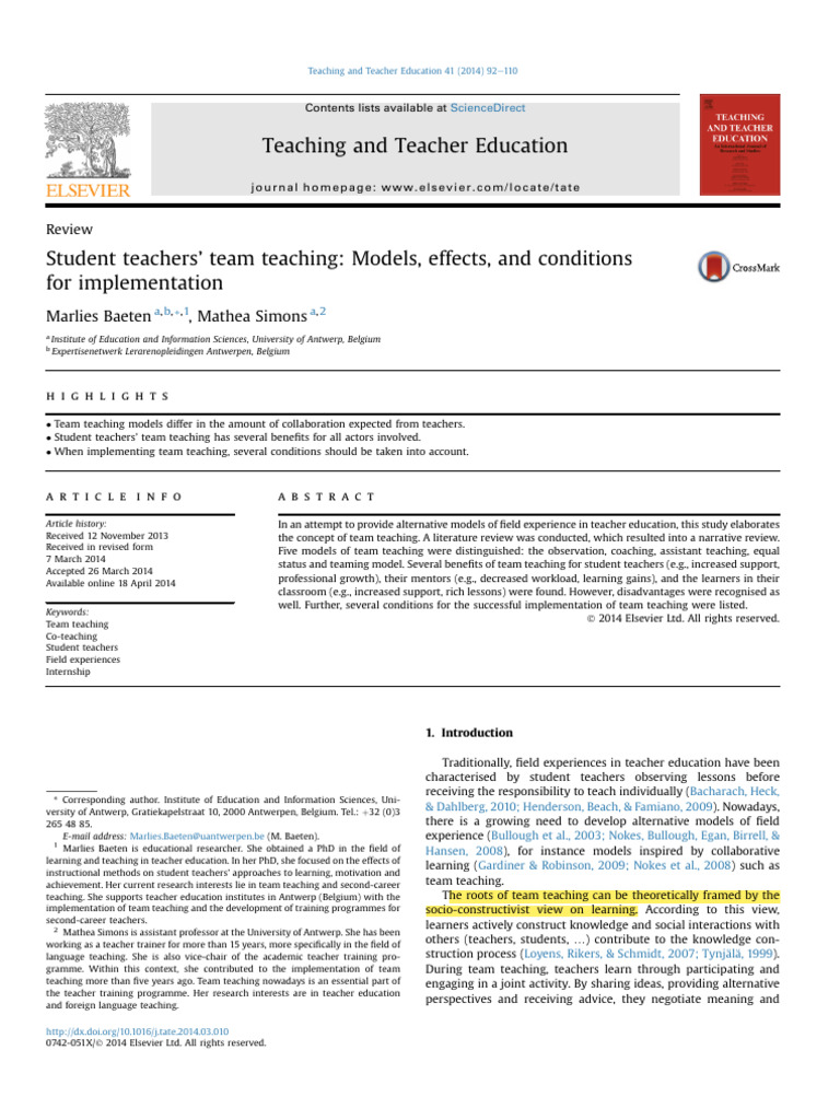 !!!student Teachers' Team Teaching Models, Effects, and Conditions ...