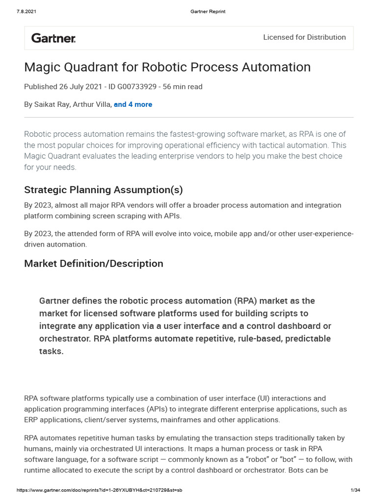 Magic Quadrant for RPA 2021 Analysis | PDF