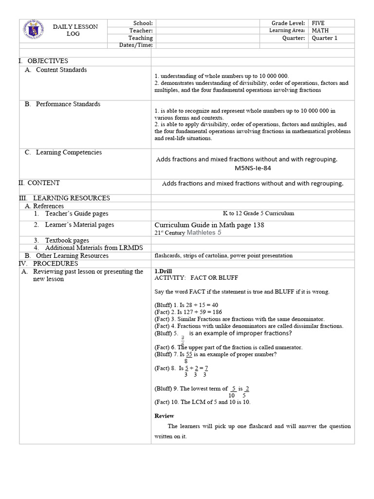 Co DLP Math Grade 5 Q1 | PDF | Learning | Mathematics