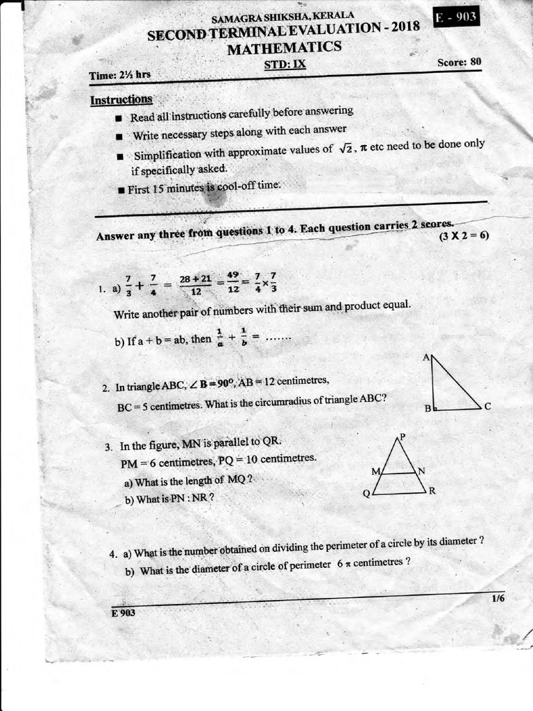 Kerala Class 9 Second Term Question Paper December 2018 MATHS (EM) | PDF